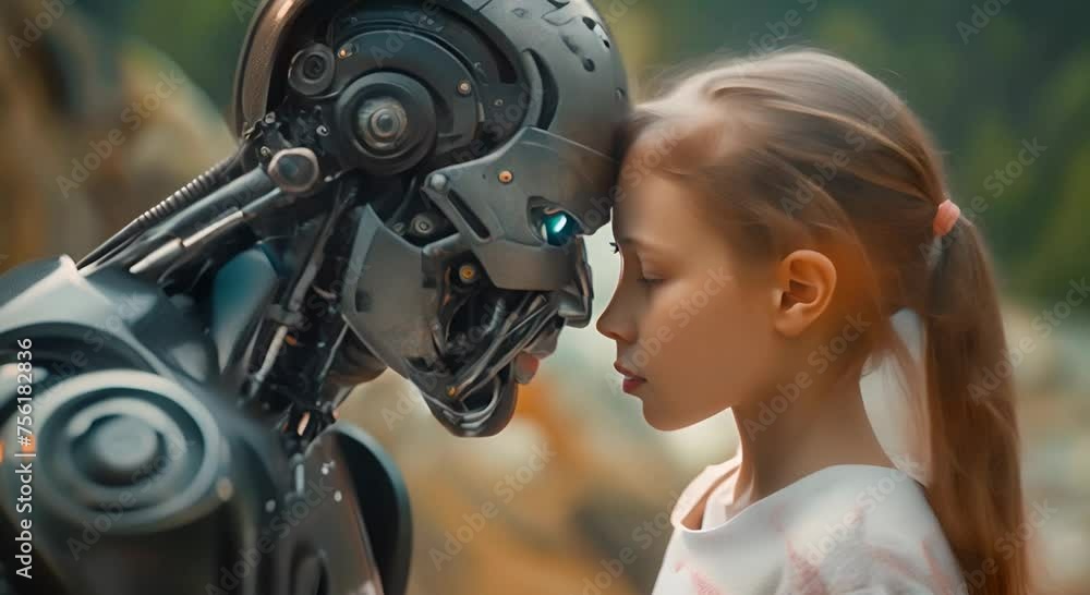 A scene showing a kneeling cyborg with its forehead pressed against ...