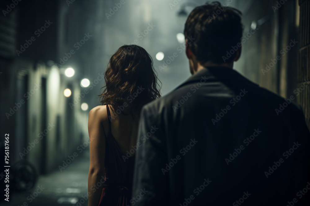 Back view of man walking behind woman in dark street at night. Concept ...