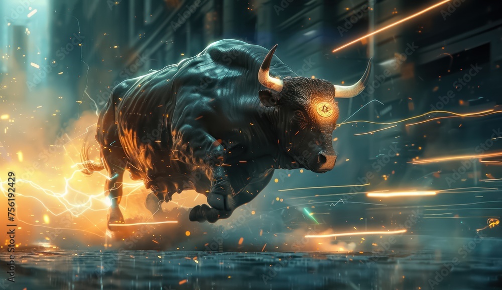 A bull is running through a city with sparks flying behind it. The ...