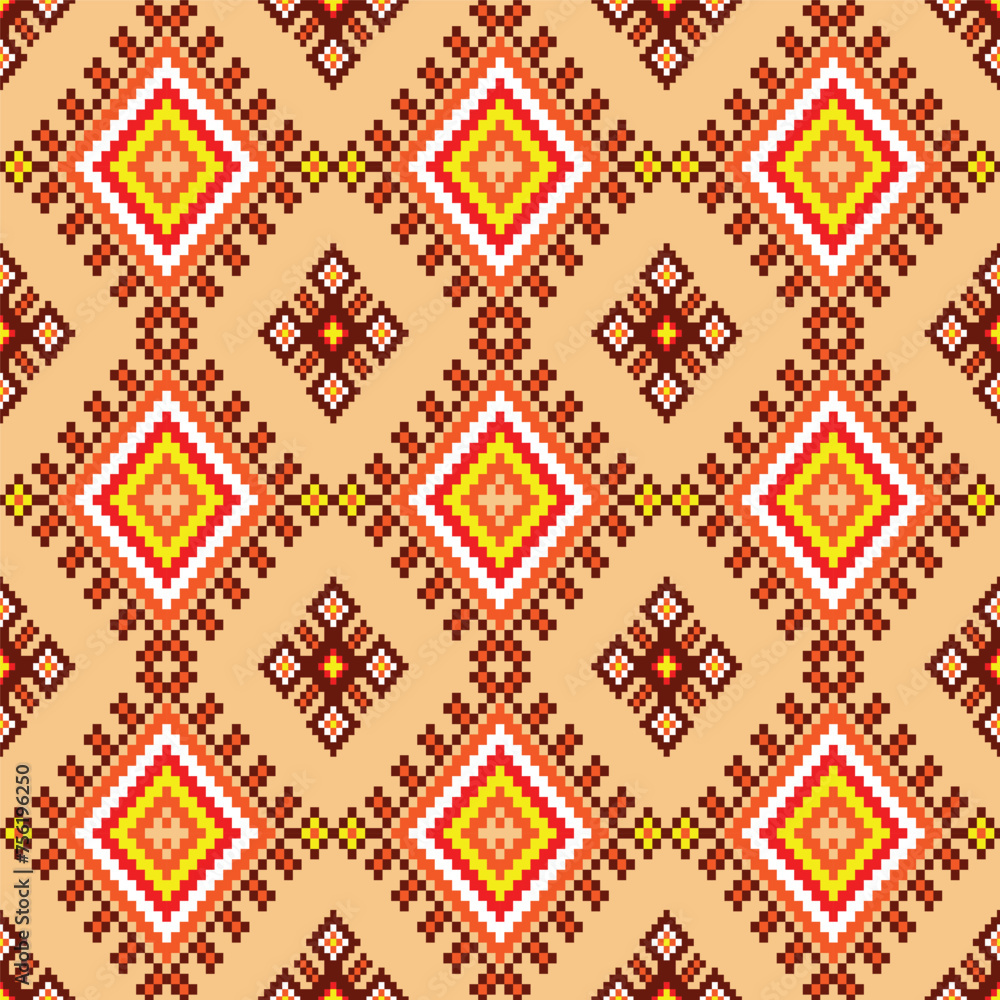 Seamless pattern in the style of Native Americans. It features red, orange, and yellow geometric ...