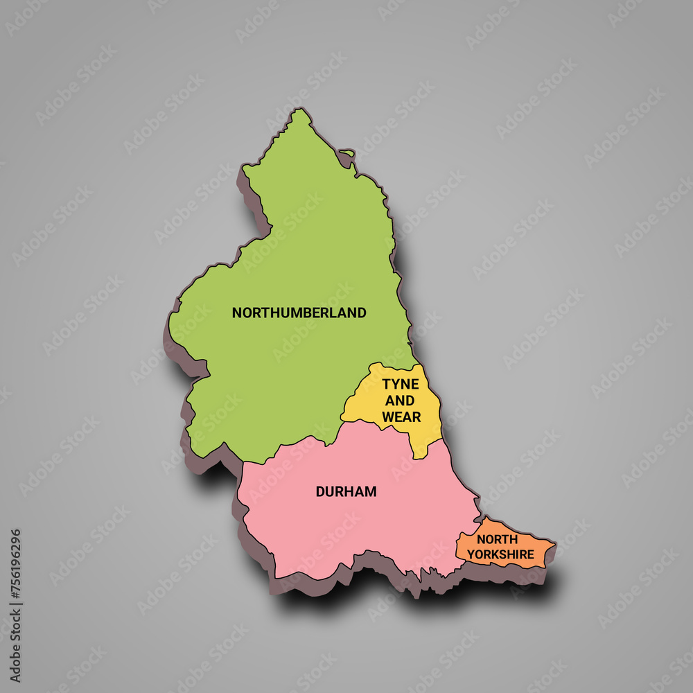 3d rendering High Quality outline map of North East England is a region ...