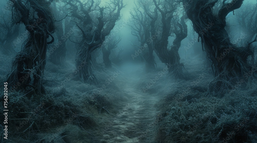 Gloomy forest path with tall spooky trees and dense bushes Stock ...