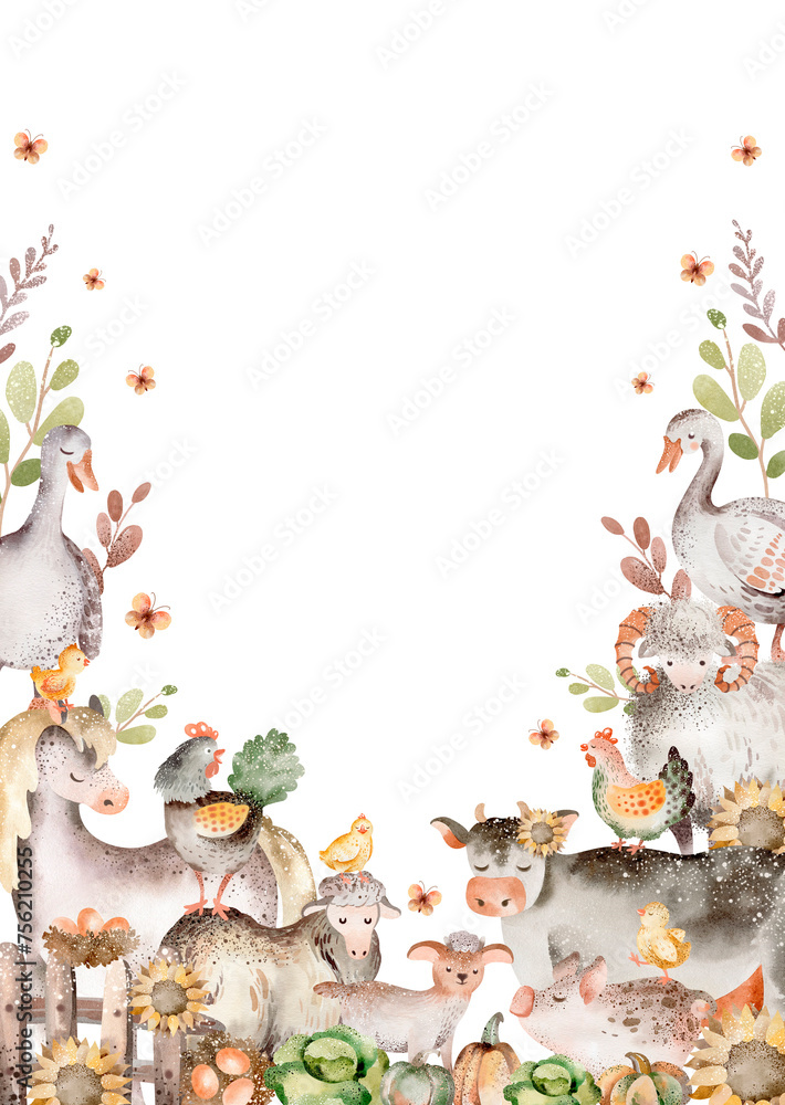 Farm animals card. Watercolor border with cute cow, horse and pig for ...