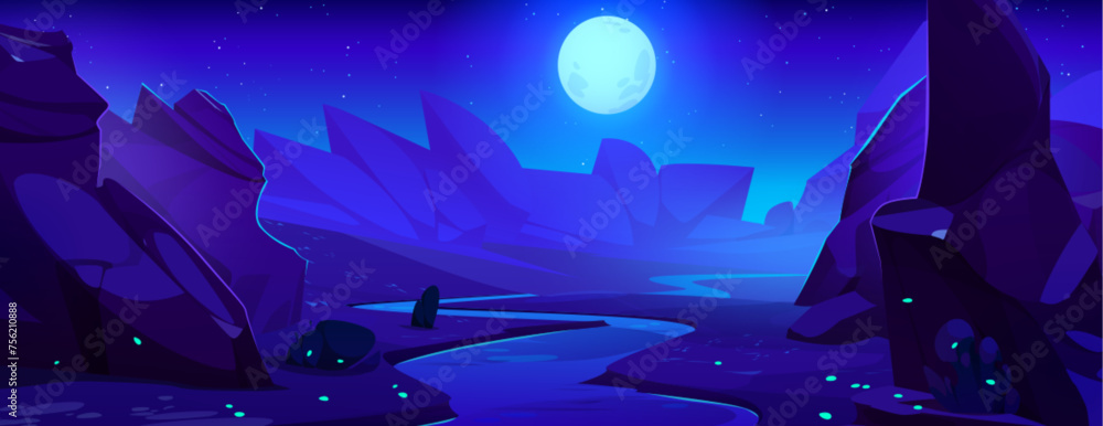 Night mountains landscape with river under full moon light. Cartoon ...