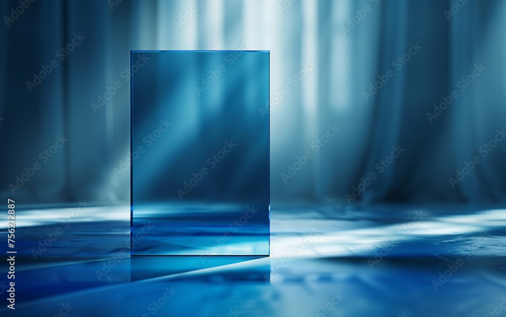 Displaying logo or text, isolated blue transparent glass panel ...