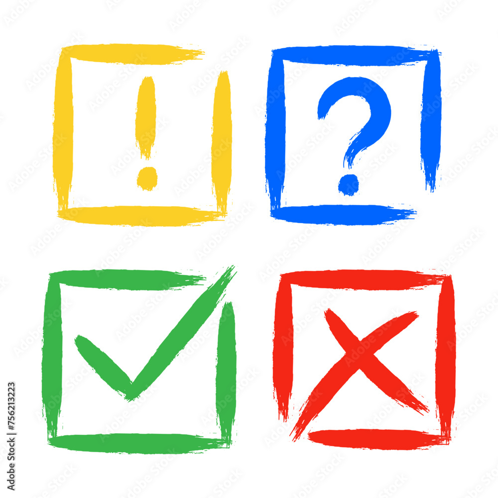 Dirty grunge cross x, tick OK, exclamation and question check marks in ...