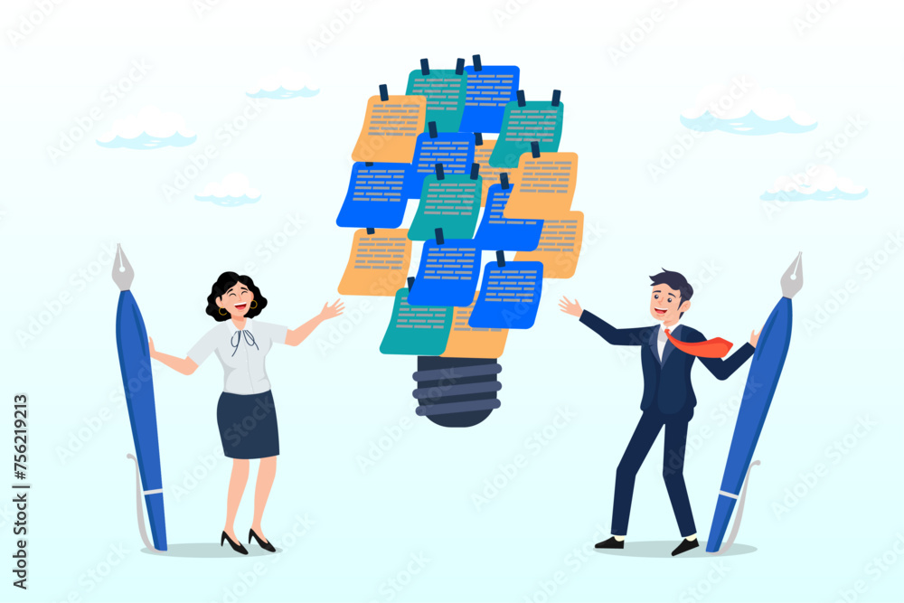 Business people brainstorm with sticky notes combined to bright ...