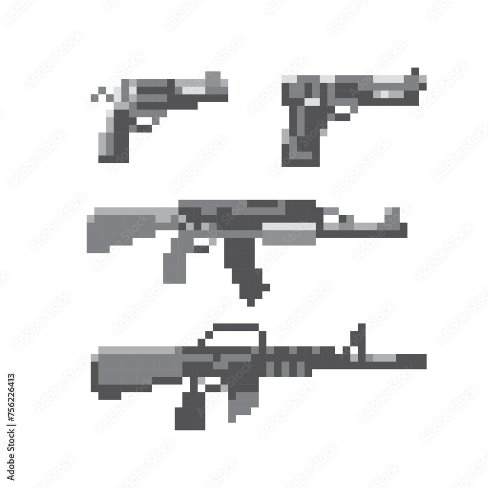 Weapons, Assault rifle, pistols - icon set. 8-bit sprite. isolated ...