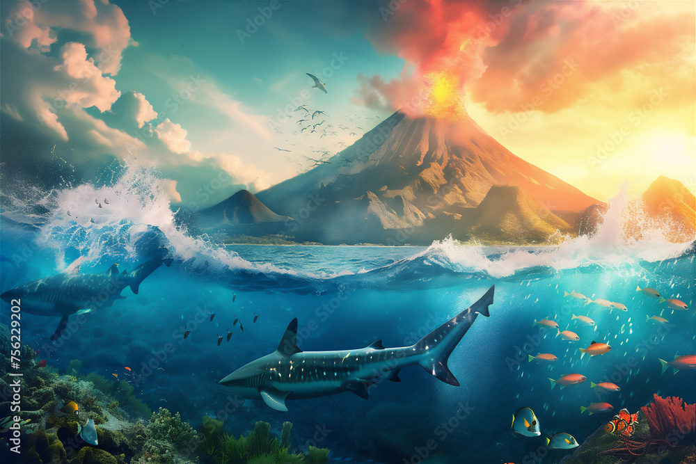 shark and various fishes in under water of the sea with volcano ...
