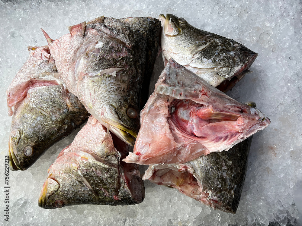 fresh raw cold seafood white red green snapper whole fish ikan head ...