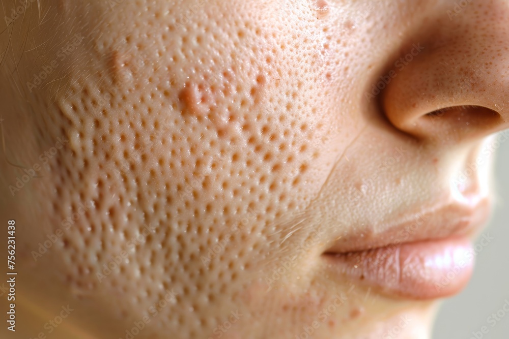 Macro photo of post-acne scars, showcasing the texture and unevenness ...