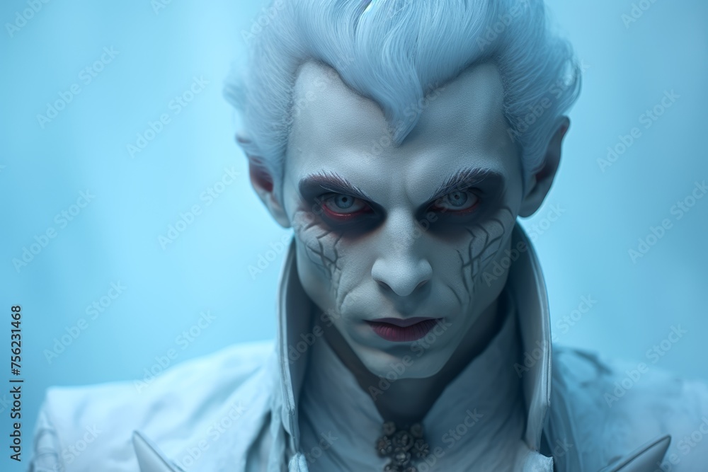 Shot of a male vampire with alabaster skin and glowing ruby eyes ...