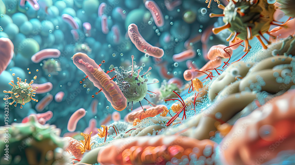 3D model of microorganisms and human cells interacting in a mutualistic ...