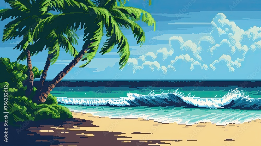 Pixel beach with palm trees. Style, hammock, cruise, vacation, swimming ...
