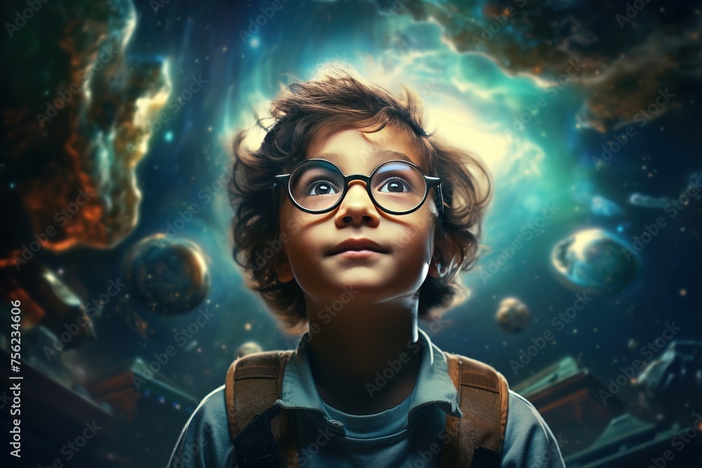 A smart boy in round glasses fantasizes about distant fantasy worlds ...