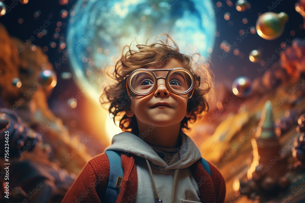 A smart boy in round glasses fantasizes about distant fantasy worlds ...