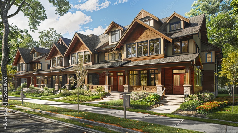 A detailed view of a craftsman-style townhome exterior, highlighting ...