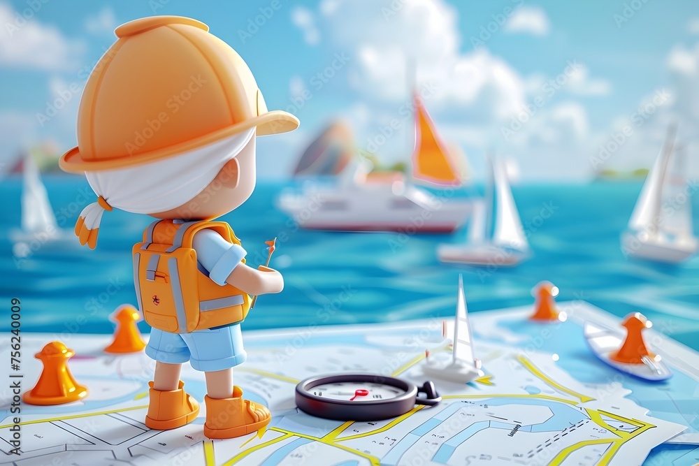 Toy Figure Navigating with Map and Compass, To convey a sense of ...