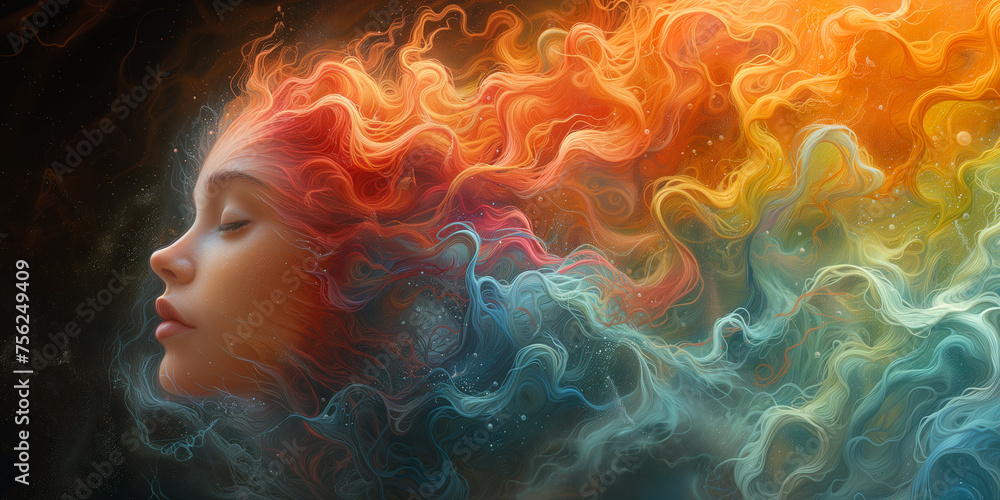 Consciousness of mind, woman with rainbow colored spiritual waves ...