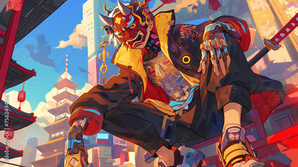 Oni mask sign pose cyberpunk anime boy head design Stock Illustration ...