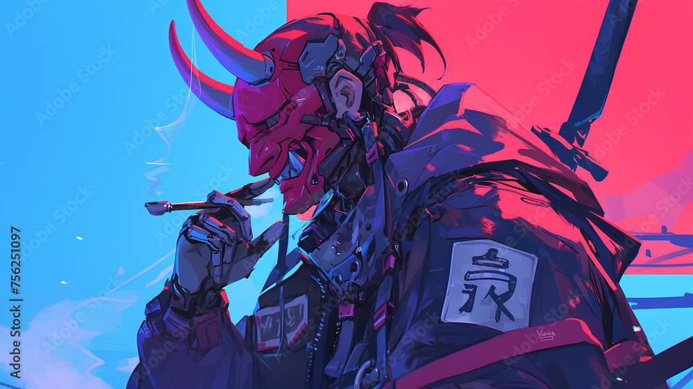 Pink Oni mask sign pose cyberpunk anime boy head design ilustração do ...