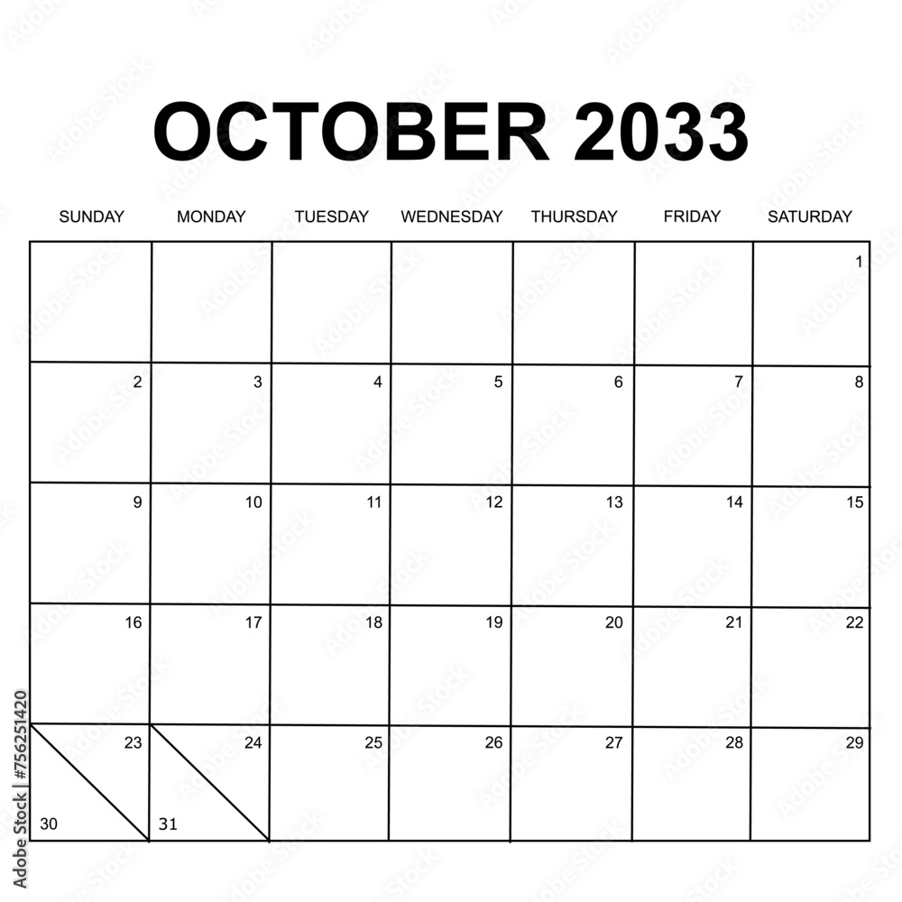 october 2033. calendar for 2033. week starts on Sunday. printable ...