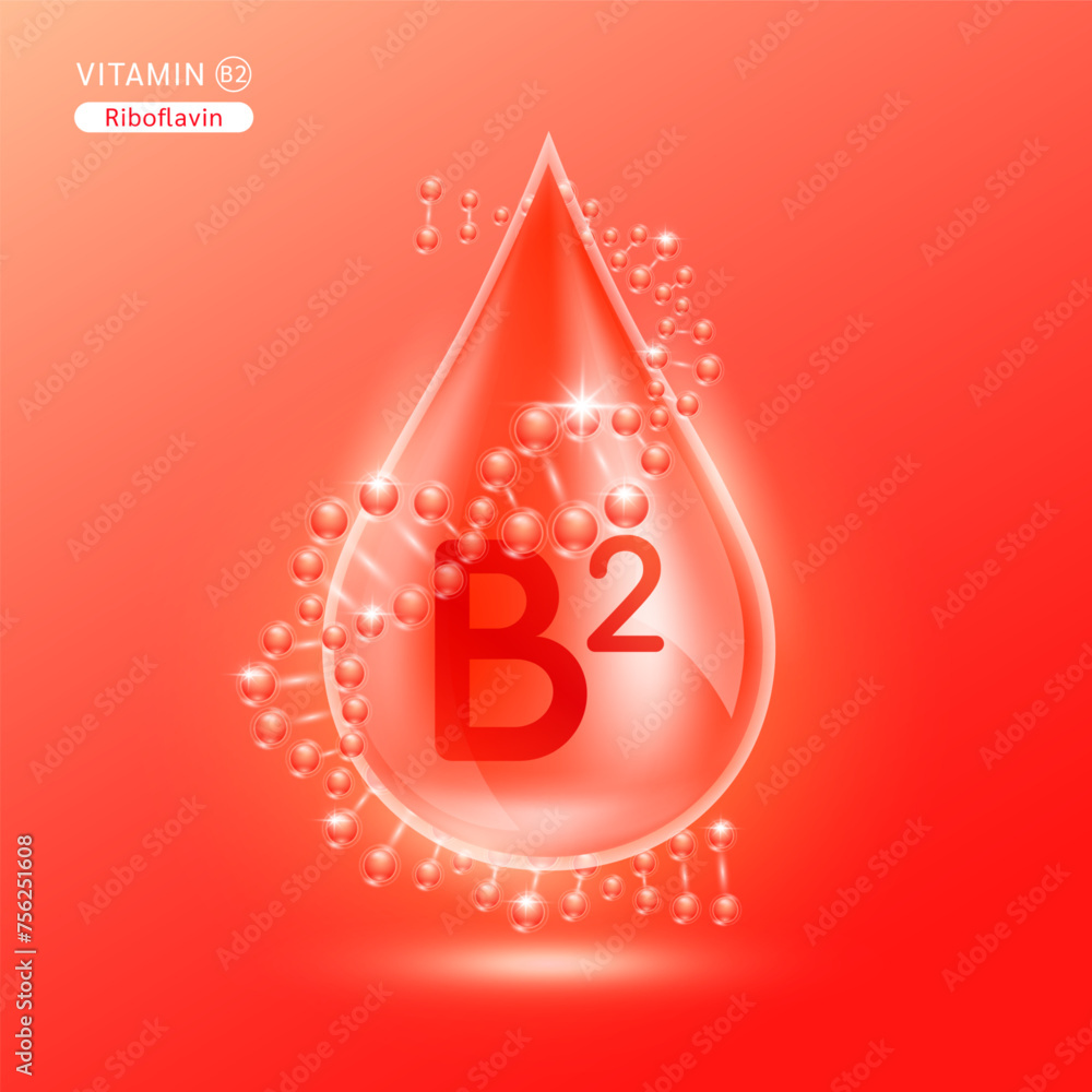 Red vitamin B2 surrounded by DNA. Water drop serum collagen solution ...