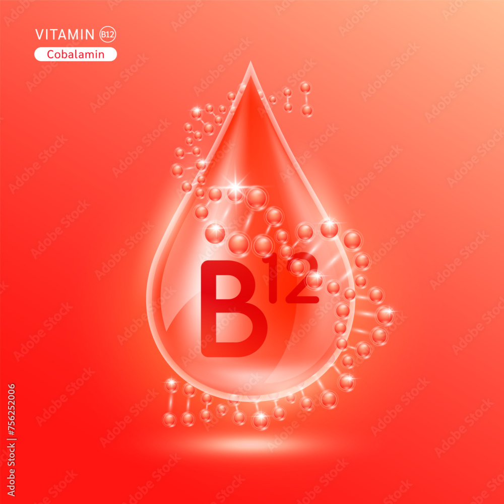 Red vitamin B12 surrounded by DNA. Water drop serum collagen solution ...