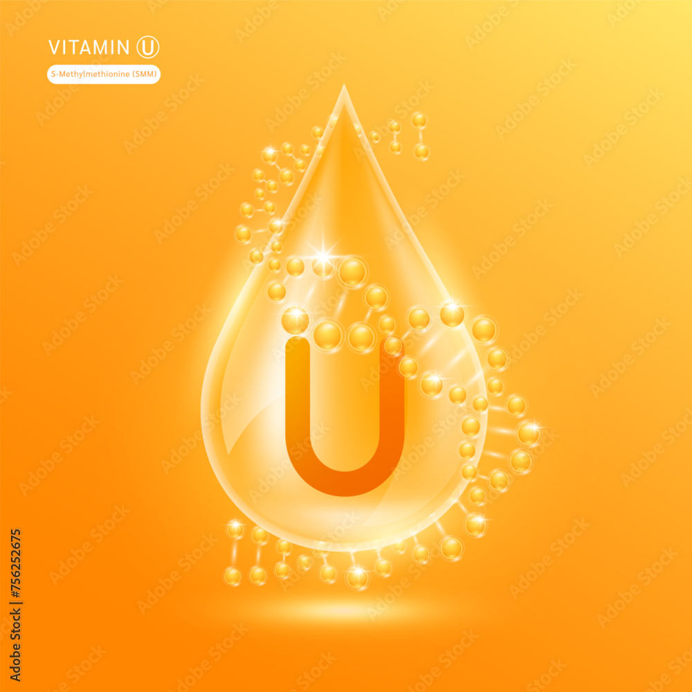 Orange vitamin U surrounded by DNA. Water drop serum collagen solution ...