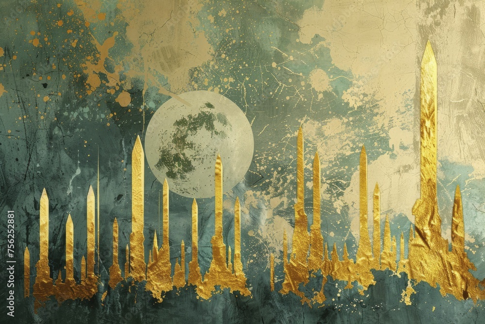 Conceptual art displays a climate change graph with golden rockets ...