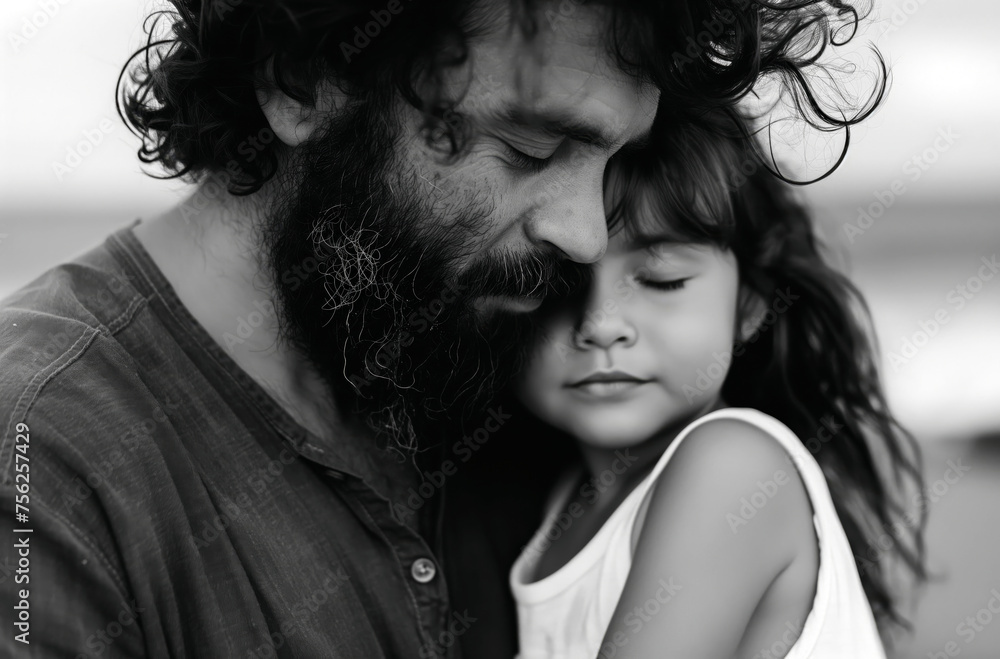 Father gently resting his head near daughter. A touching monochrome ...