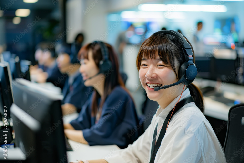 friendly Asian woman with smiley face working as call center with ...