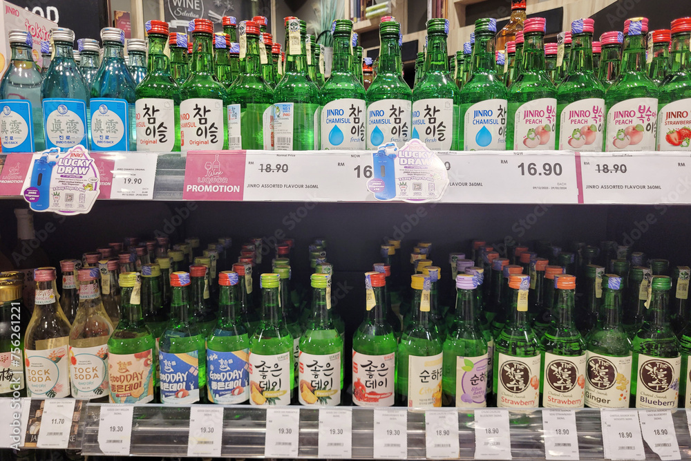 Penang, Malaysia - 22 JAN 2024: Assortment Korea soju and hard liquor ...