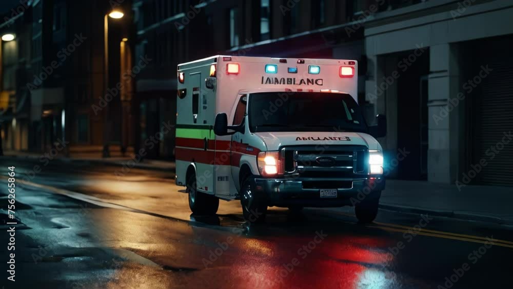 A emergency ambulance car driving with flashing red lights on through ...