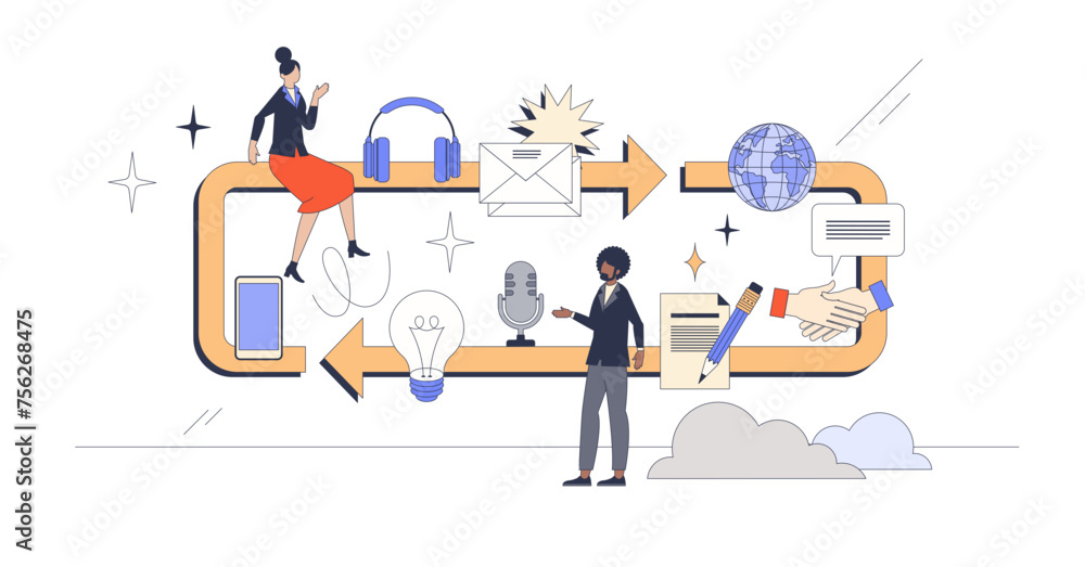 Business communication cycle with deal management retro tiny person ...