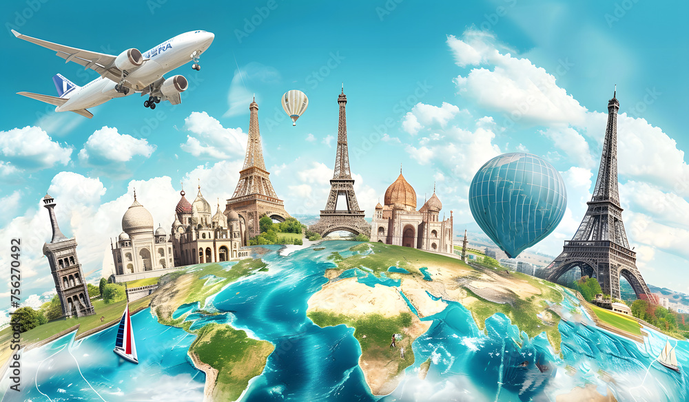 Illustration of a trip around the world, featuring famous landmarks on ...