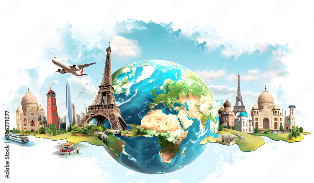 Illustration of a trip around the world, featuring famous landmarks on ...