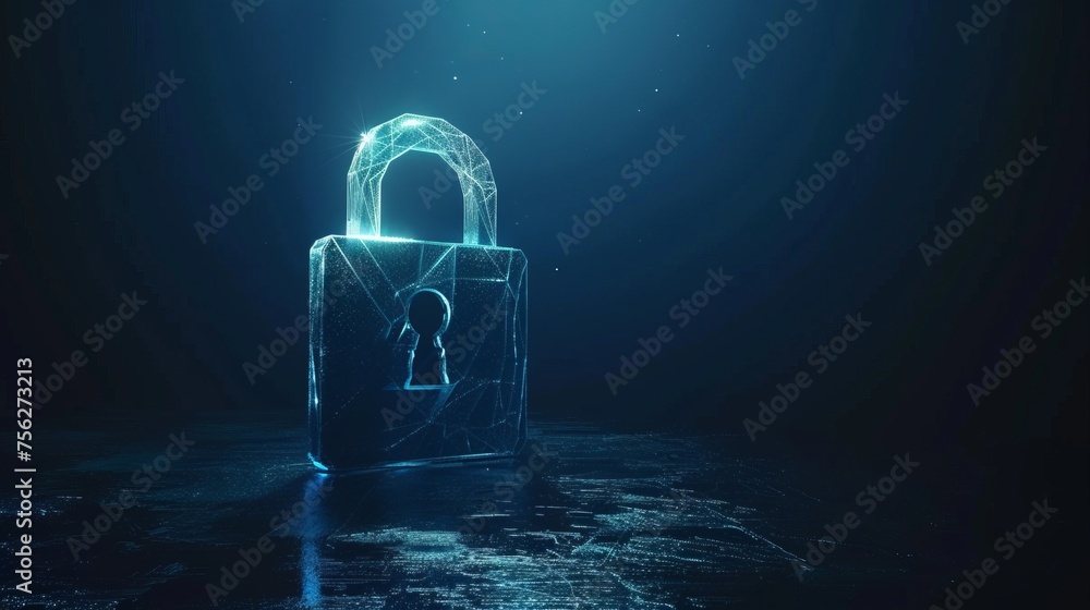 Futuristic 3d security lock made of linear polygons with neon lights on ...