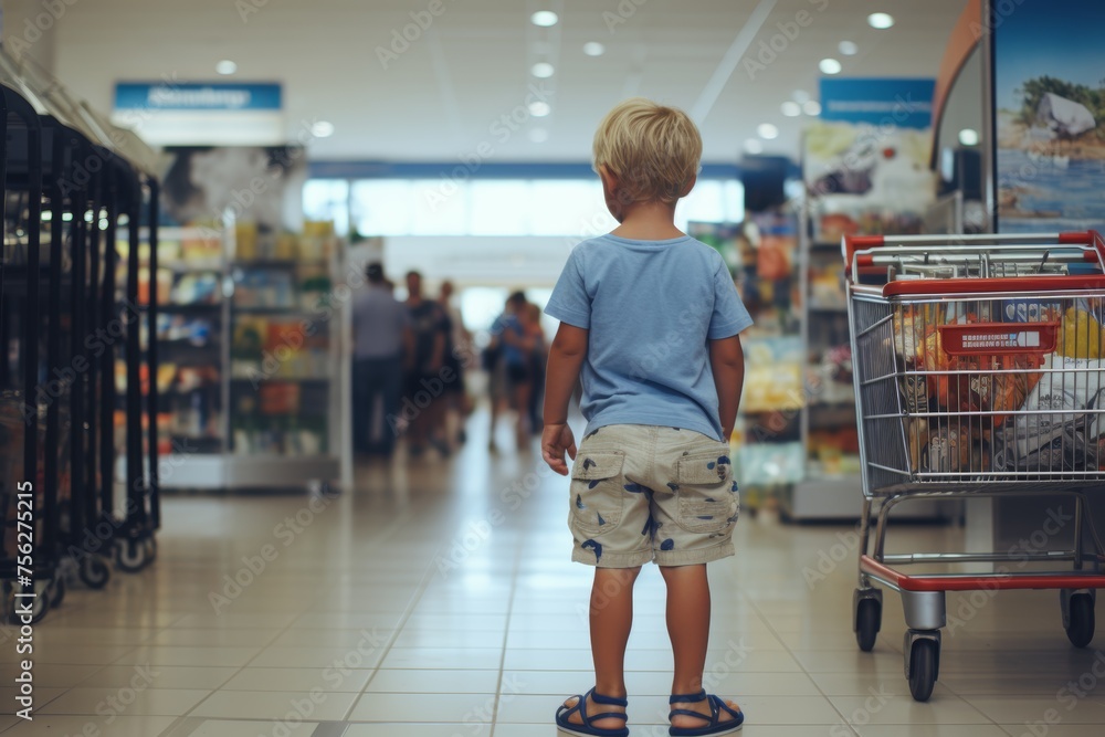 Child pushing shopping cart in mall rear view of kid with blurred ...