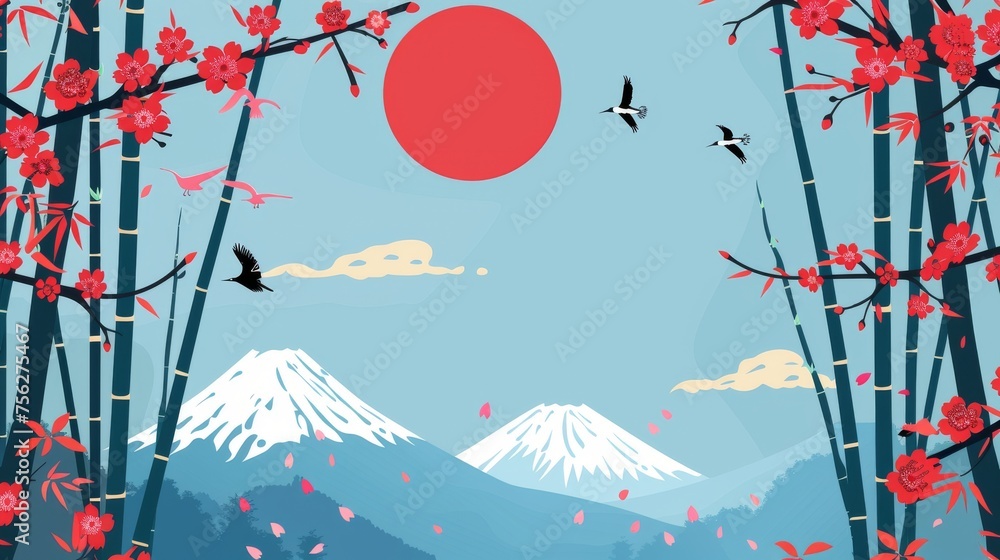 Blue background with Japanese icons. Abstract banner design with bamboo ...