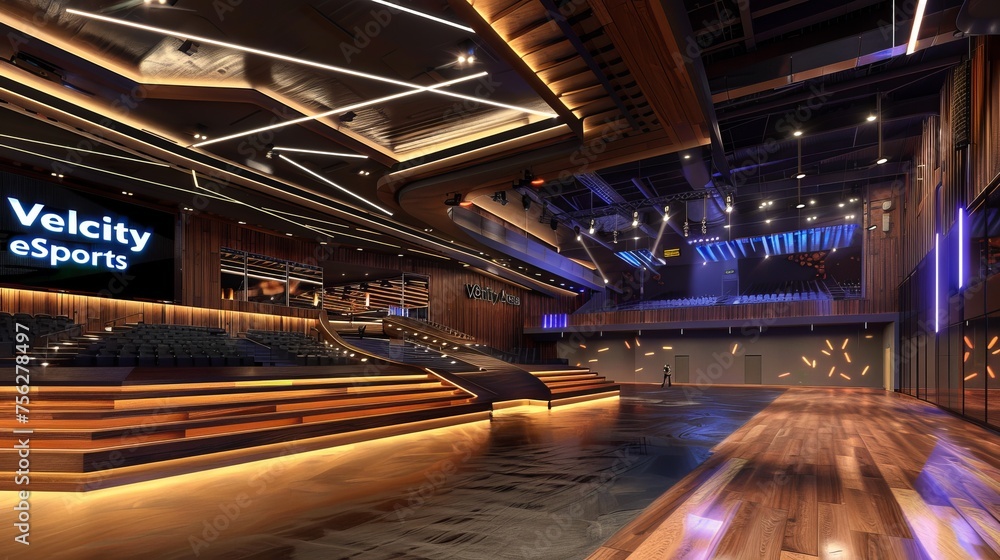 Create a modern architectural rendering of a 2000-seat eSports arena ...
