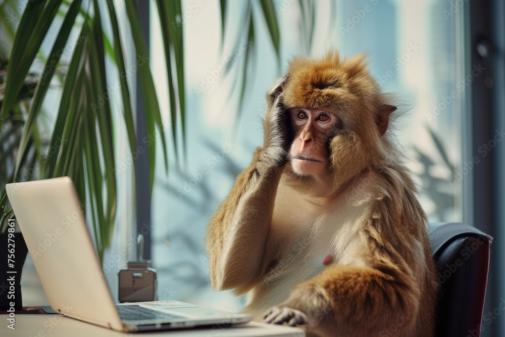 A monkey is sitting at a desk with a laptop and a cell phone. The ...