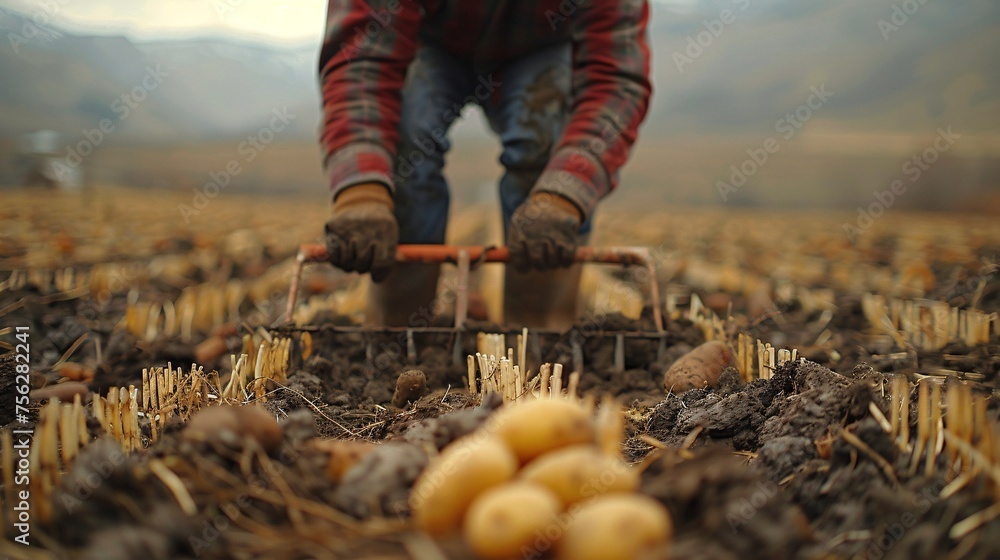 Agriculturist tilling soil using hoe for potato cultivation. Stock ...