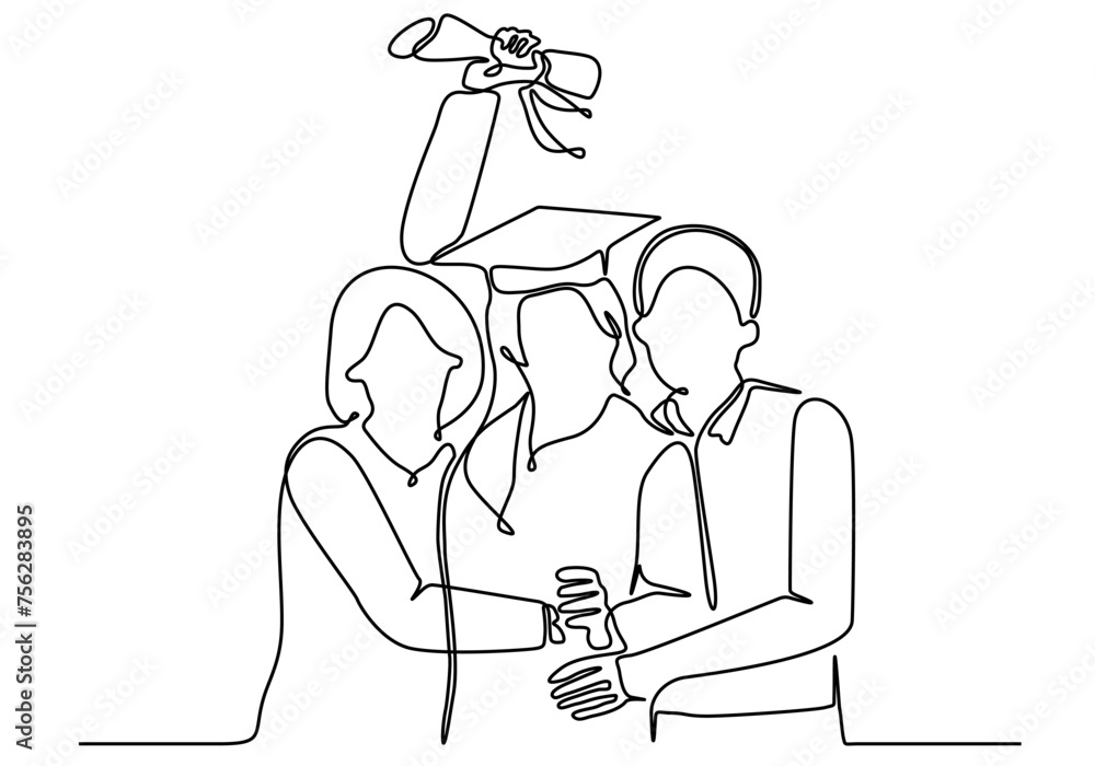 continuous line art vector illustration Happy parents hugging happy ...