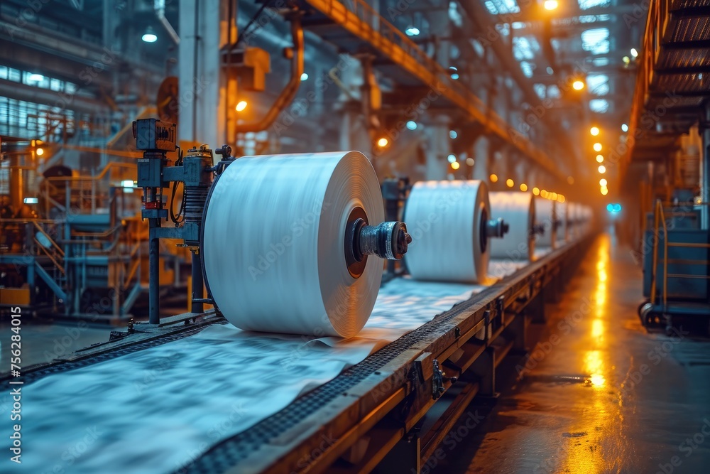 Massive rolls of pristine white paper ready for use in a busy print ...