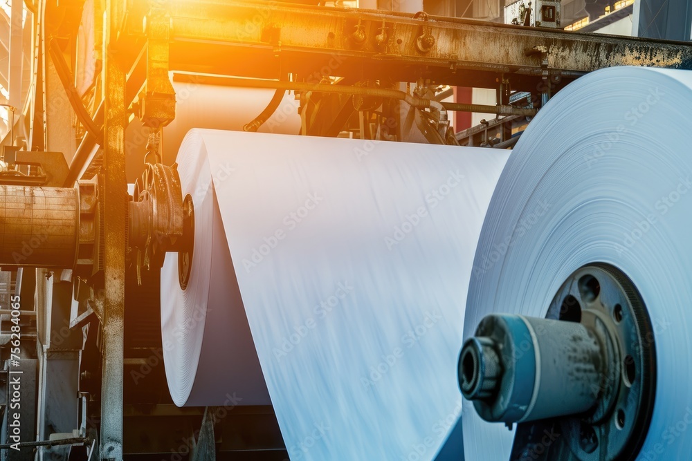 Massive rolls of pristine white paper ready for use in a busy print ...