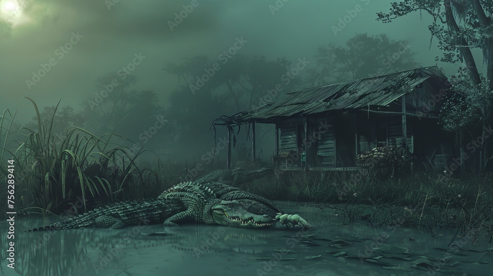 Giant mother green crocodiles nurturing a human baby in a murky swamp ...