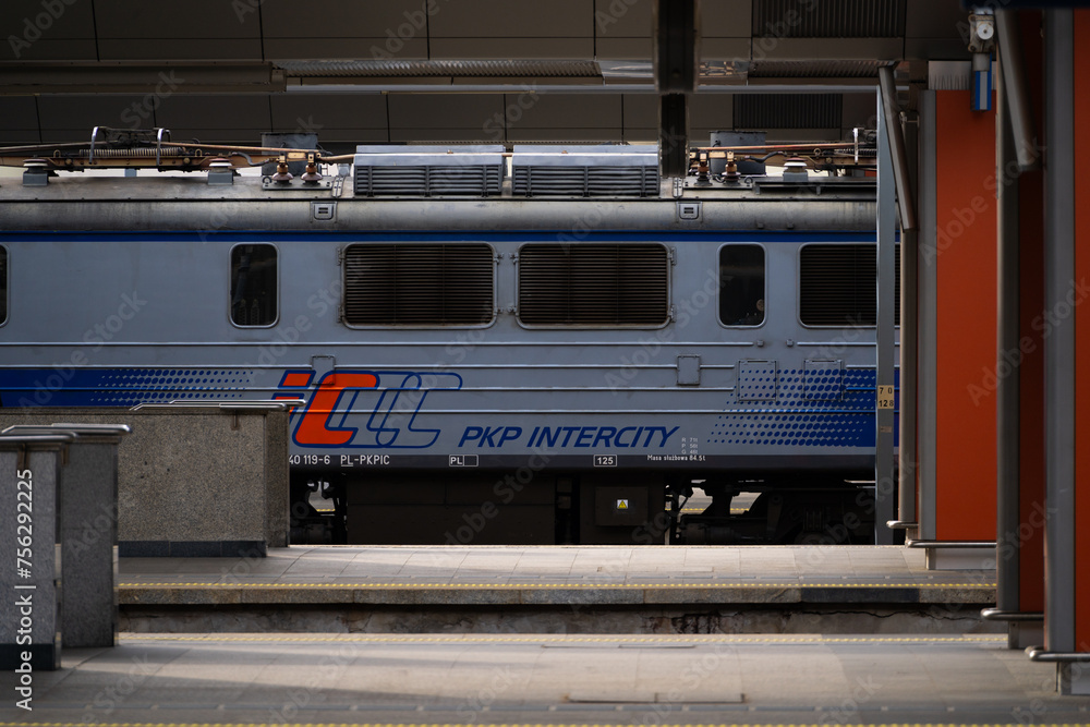 Electric locomotive with PKP Intercity logo sign. Polish state railways long-distance express ...