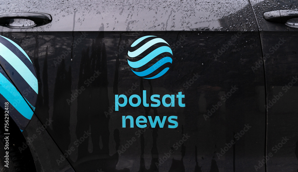 Polsat News TV network company logo on the car door. Polish commercial ...