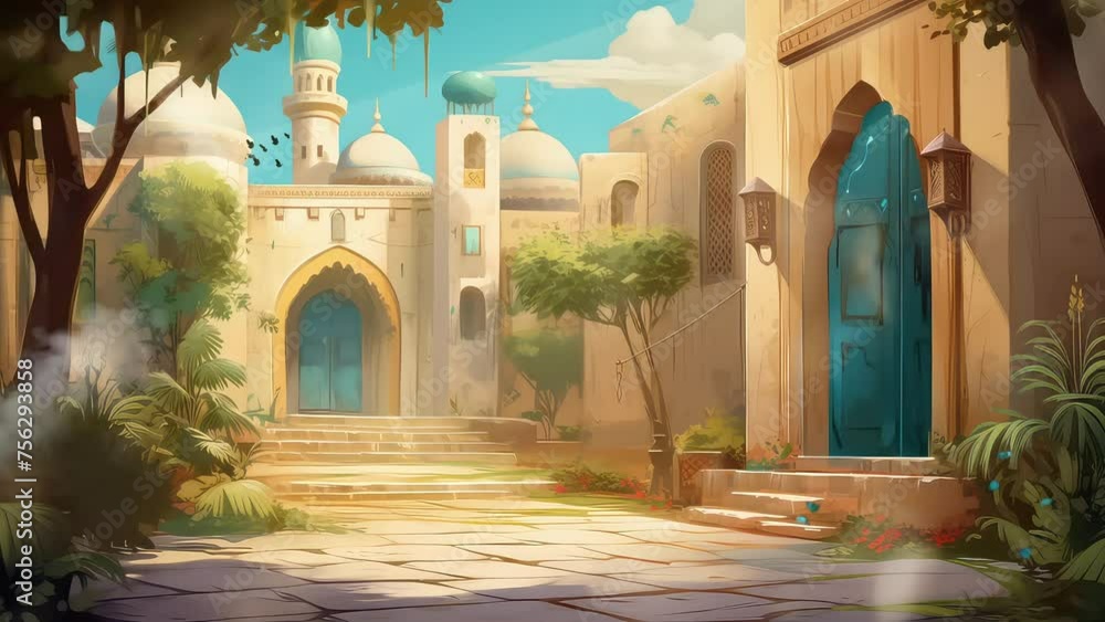 Animation magnificent mosque building cartoon style seamless 4k video ...